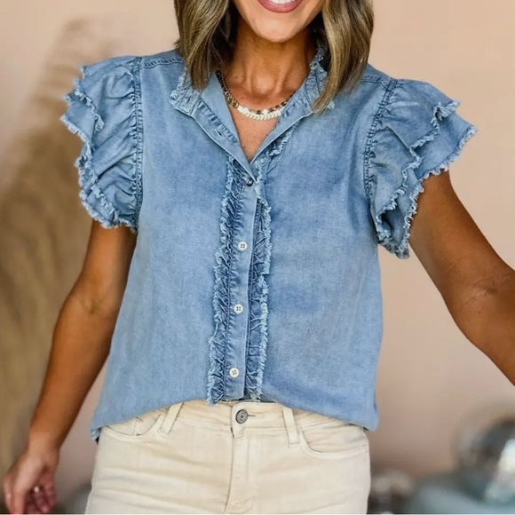 Tops | Womens Ruffled Denim Top | Poshmark